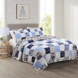 Cozy Line Azure Blue Floral Garden Patchwork 3 Piece Cotton Quilt ...