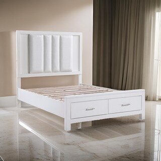 Roni Queen Bed, LED Lit Upholstered, 2 Storage Drawers, White Solid ...