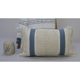 14" X 24" Cream And Light Blue Handmade Nubby Texture Throw Pillow With ...