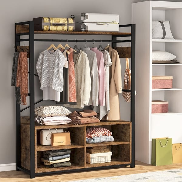 Wooden clothing closet freestanding closet garment rack with shelf ...