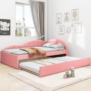 Pink Full Size PU Upholstered Tufted Daybed w/ Trundle & Guardrail ...