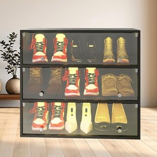 LED Light Shoe Box Cabinet with Glass Doors, 3 Layers, and Stackable ...