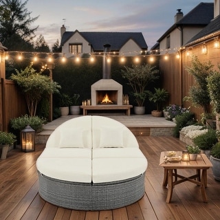 Outdoor Sun Bed Patio 2-Person Daybed, Rattan Garden Reclining Chaise ...