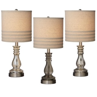 Set of 3 Modern-Style Glass Accent Lamps with Linen Striped Shades 22.5 ...