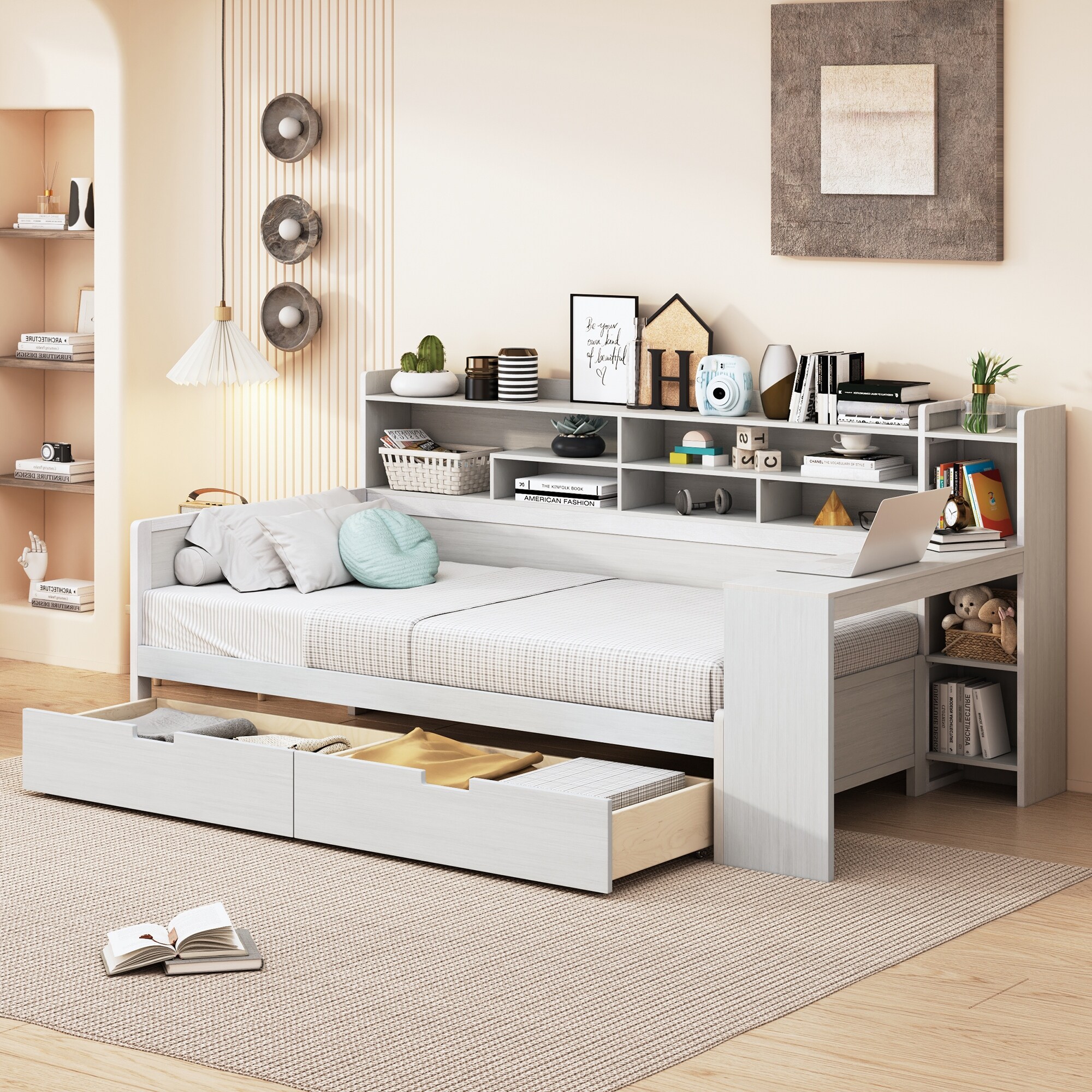 Wooden Twin Size Daybed with Storage Shelves Antique White Sofa Bed Frame Storage Bed with 2 Drawers Underneath Bookcase