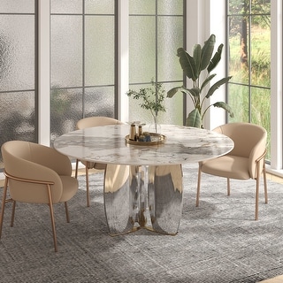 Modern Round Rock Slabs Stainless Steel Mirror Pedestal Dining Table ...
