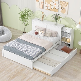 Solid Wood Queen Platform Bed with Pullable Shelves and Trundle, White ...