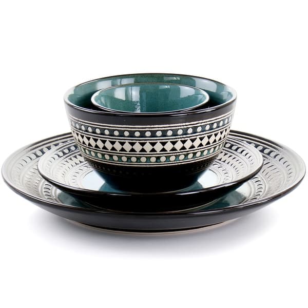 Stoneware Dinnerware 16 Piece Set in Teal Geometric Edge - Bed Bath & Beyond - 37423757