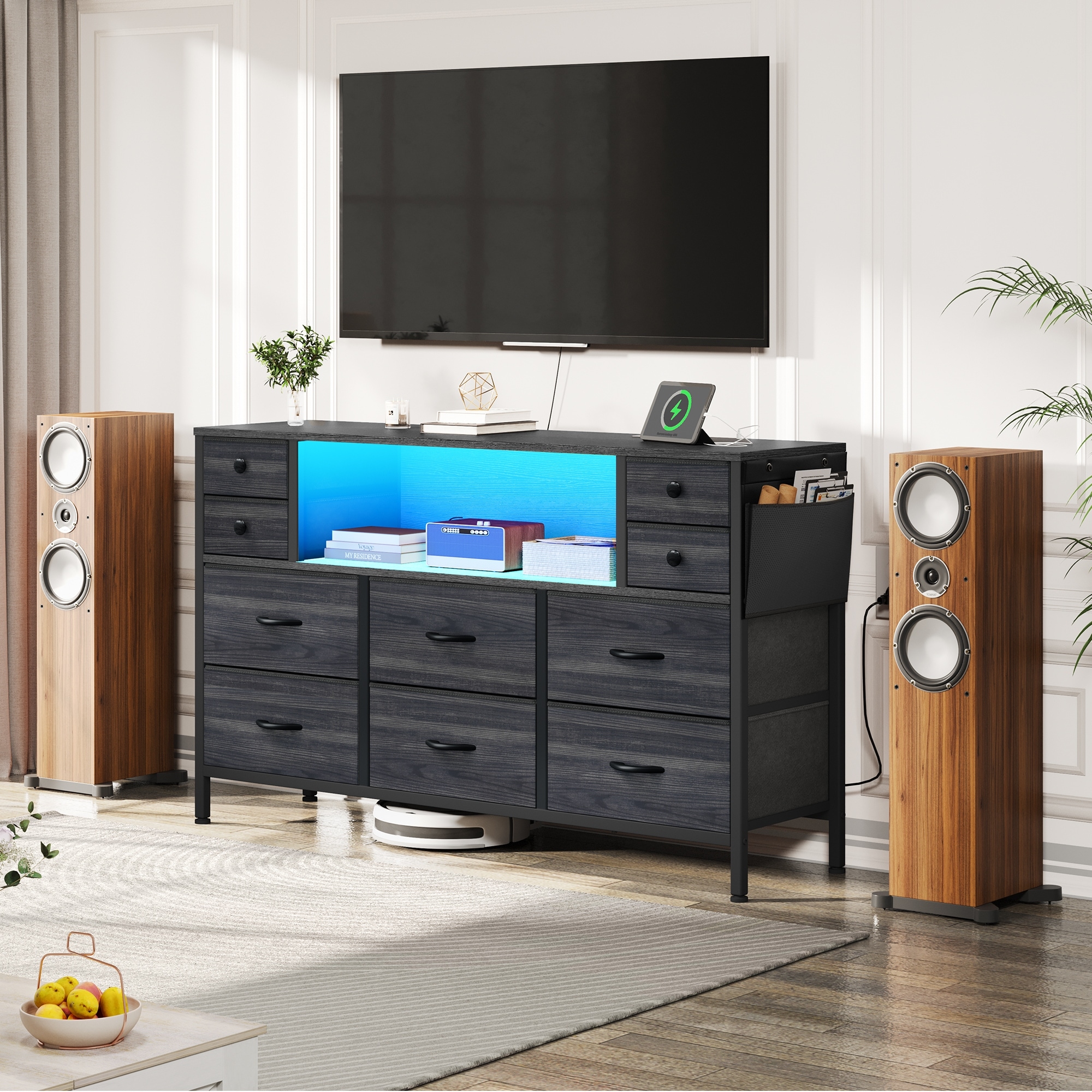 Moasis 10 drawer Dresser Media Console with Charging Station RGB Lights Side Pockets Hooks