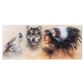 Designart 'Indian Warrior with Two Wolves' Animal Metal Wall Art - Bed ...