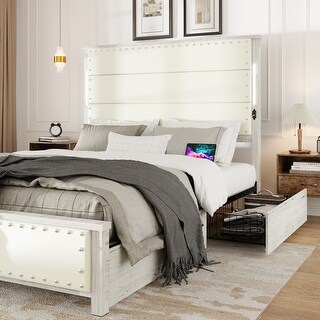 Queen Size Storage Platform Bed with Rivets Headboard & 4 Drawers - Bed ...