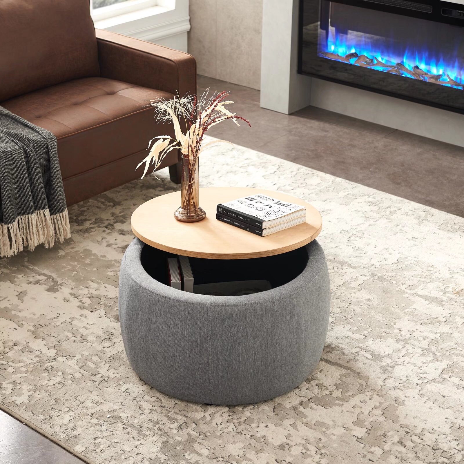 Modern Small Drum Coffee Table with Storage Round Fabric Storage Ottoman with Removable Wooden Tabletop On Sale Bed Bath Beyond 35484364