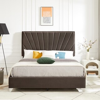 Brown Flannelette Upholstery Platform Bed Frame Line Stripe Headboard ...