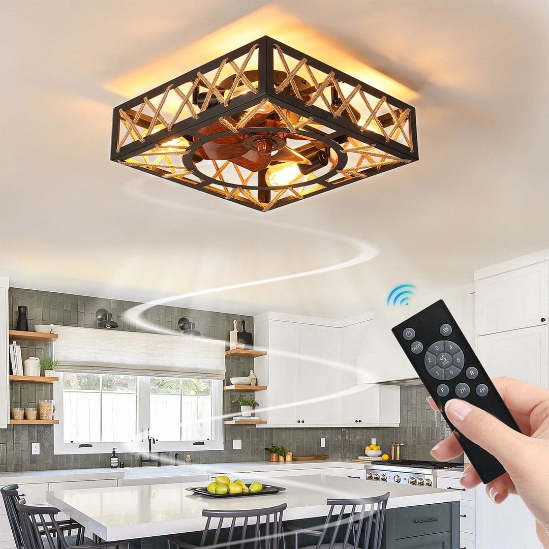 Modern black 7-blade ceiling fan with lights and remote control - On ...