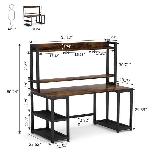 Computer Desk with Hutch and Monitor Stand Riser, Rustic Industrial ...