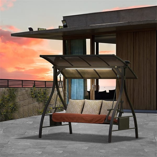 3 Person Adjustable Canopy Hammock Patio Porch Swing, Solar LED Light ...