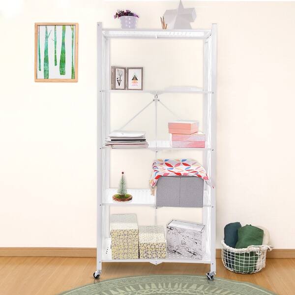 Multi-function Wheeled Iron Five-layer Folding Storage Rack White ...