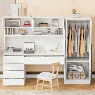 Bedroom Study Desk & Wardrobe Set, 6 Drawers Dresser 2 Door Armoire ...