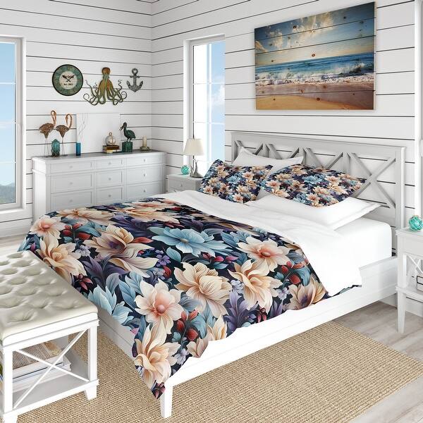 Designart "Blue And Beige Vines Payfull" Blue Floral Bed Cover Set With ...