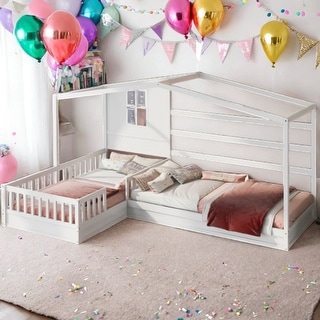 Wood House Bed Twin Size, 2 Twin Solid Bed L structure with fence and ...