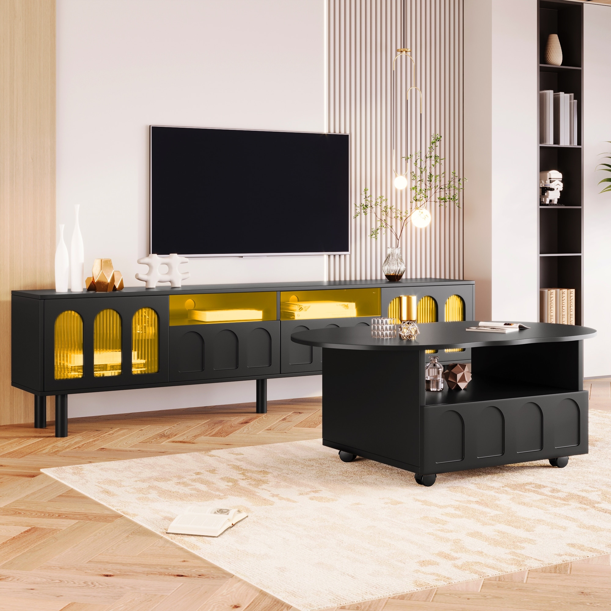 Living Room TV Stand and Coffee Table Set with LED Light and Storage Bed Bath Beyond 41833051