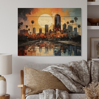 Designart "Palm Trees Urban Miami II" Cityscapes Print on Natural Pine ...