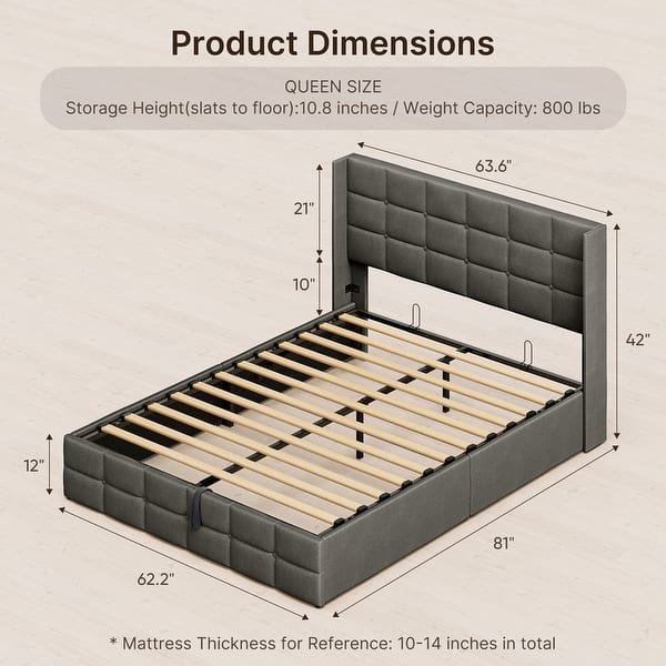Lift Up Storage Bed Frame, Upholstered Platform Bed Frame with ...