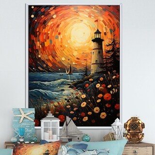 Designart "Lighthouse Guiding Pointillism III" Beach Light House Framed ...