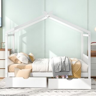Full Size House Platform Bed with Two Drawers,Roof Design - Bed Bath ...