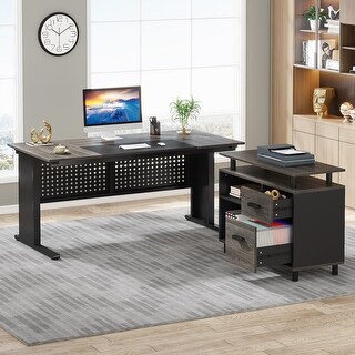 63 Inch Executive Desk with File Cabinet, Large L-shaped Offic Desk ...
