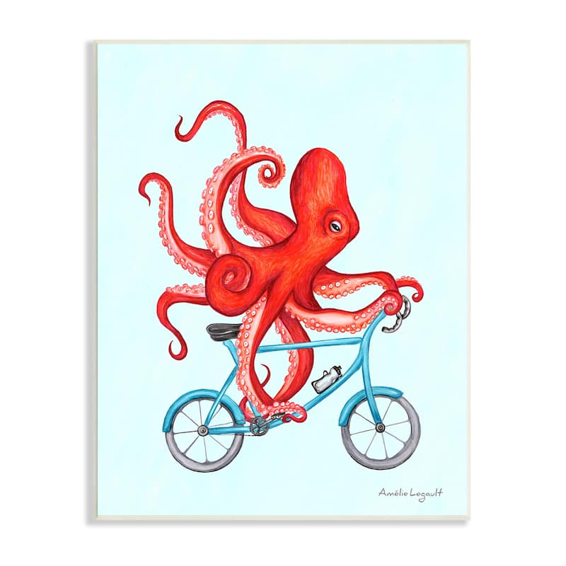Stupell Red Octopus Tentacles Riding Blue Bike Bicycle Wood Wall Art ...