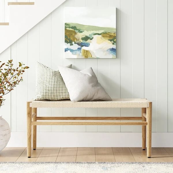 Mieres Boho Style Solid Wood Bench with Woven Rope Seat, Mid-Century ...