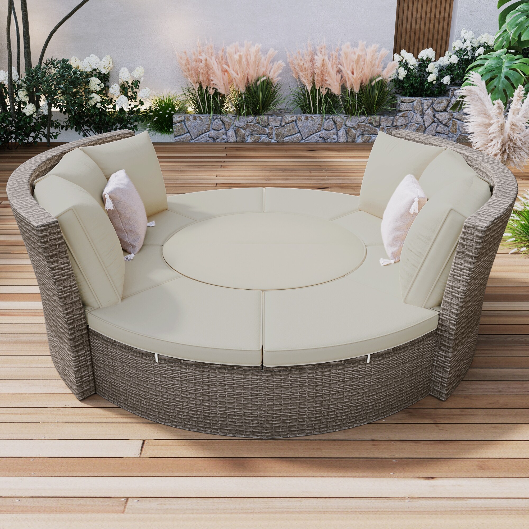 5 piece Outdoor Garden Outdoor Sunbed Circular Rattan Segmented Sofa Set Equipped with Lifting Table and Soft Cushion Bed Bath Beyond 40415091
