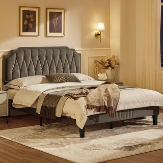 Queen Size Upholstered Bed Frame with Curved Headboard, Platform Bed ...