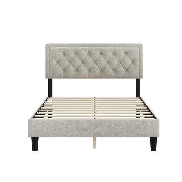 Beige Full Size Panel Bed Frame with Tufted Headboard for Kids Teens ...