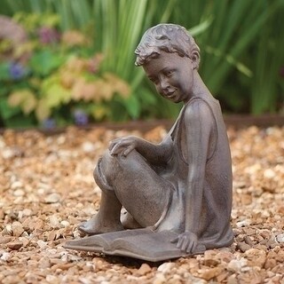 Set of 2 Bronze Brown Joyful Boy Reading Outdoor Resin Garden Statue 10 ...
