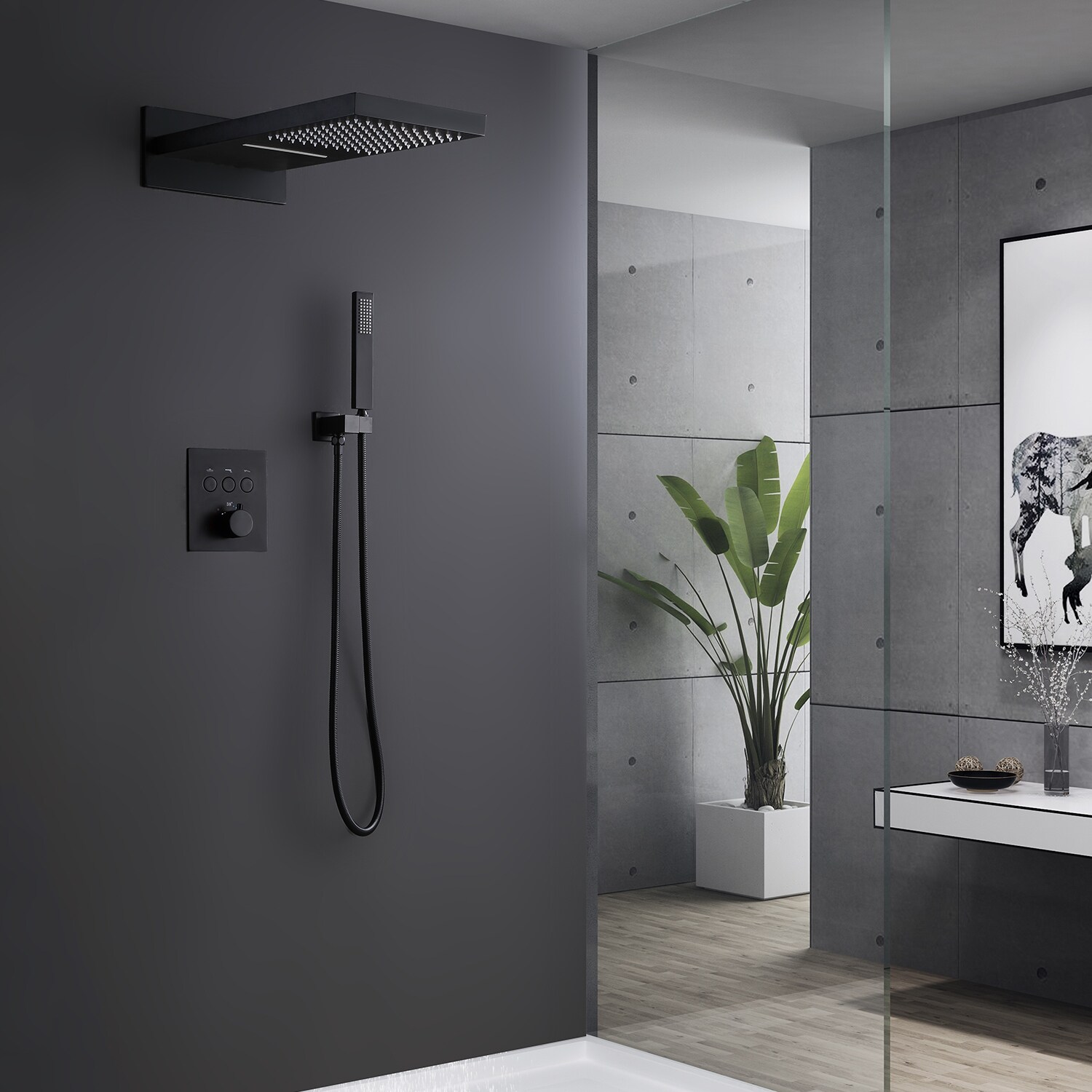 Luxury 3 Way Thermostatic Complete Rain and Waterfall Shower System with High pressure Handheld Spray in Black Bed Bath Beyond 35026747