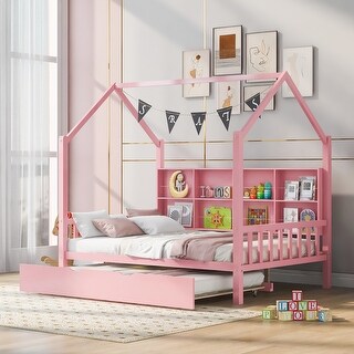 Pink Pinewood Kids House Platform Bed with Trundle, Shelf, and Roof ...
