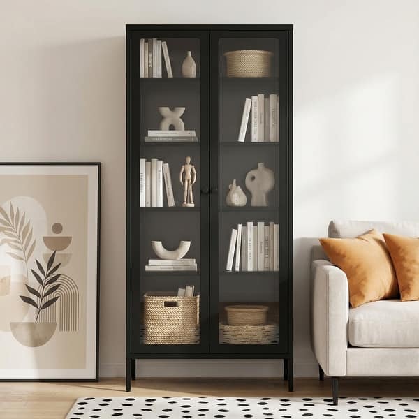 67" Tall Buffet Sideboard Display Cabinet with Glass Doors ...