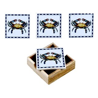 Blue Crab Tile Coasters with Wood Tray Set - Blue and White - Bed Bath ...