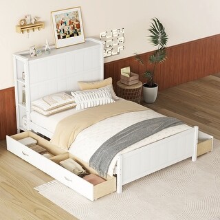 Antique White Full Platform Bed with Drawers & Storage Shelves - Bed ...