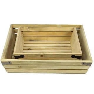 Set of 2 Natural Wood Large & Small Square Crate w/ Metal Corner - Bed ...
