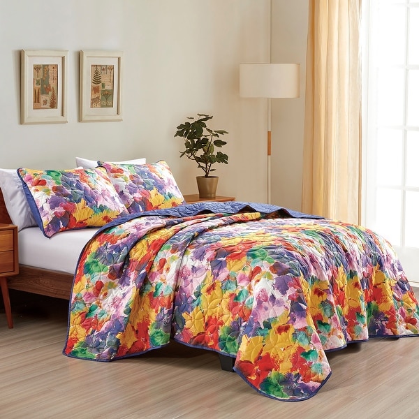 Kamet 3 Piece Fabric Queen Size Bedspread Set with Floral Prints ...