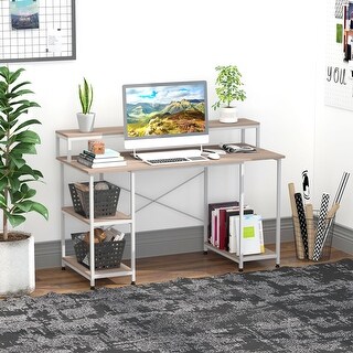 55" Computer Desk with Storage Shelves and Elevated Monitor Shelf - Bed ...