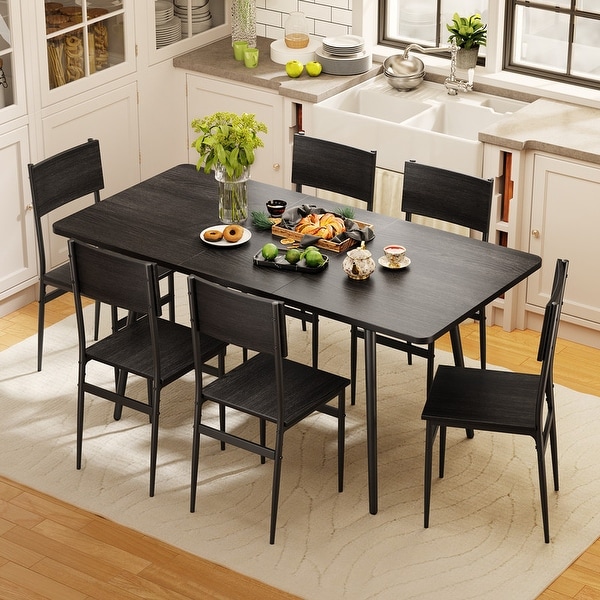7 Piece Industrial Dining Table Set for Kitchen with 6 Chairs Longboard Backrest On Sale Bed Bath Beyond 40555704