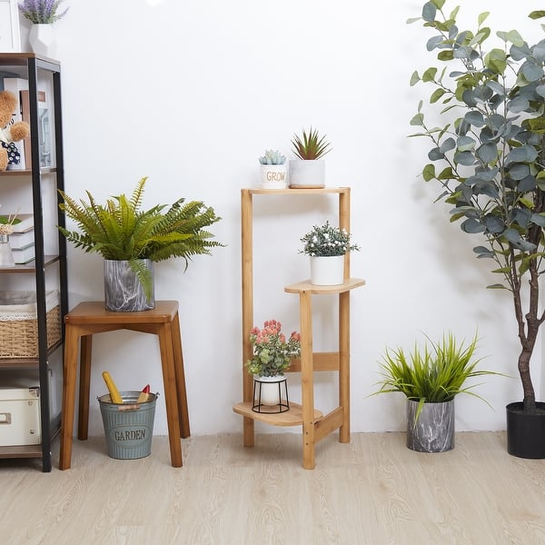 3 Tiers Ladder Triple Plant Stand Corner Bamboo Plant Shelf Rack - Bed ...