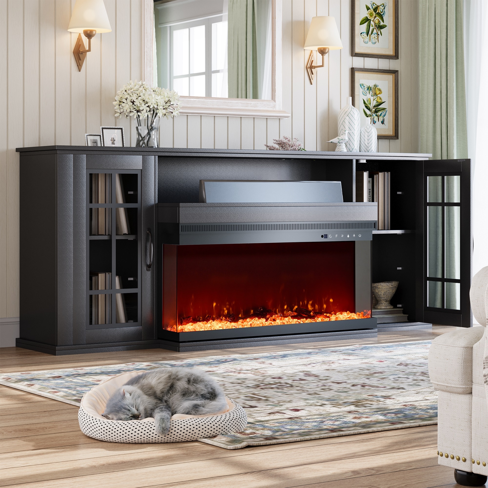 70 Fireplace TV Stand with 3 Sided Glass ETL Certified 12 Flame Colors Realistic Ember Bed Accommodates TVs up to 80 Black