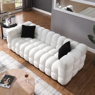 3-Seat Boucle Sofa 84.3" Marshmallow Sofa w/Square Pillows, White - Bed ...