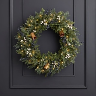 Mixed Mica Foliage with Blueberries and Harmony Bells 30in Wreath Pre ...