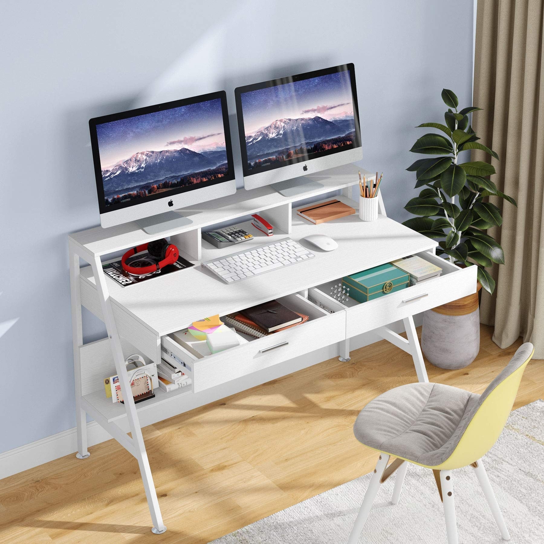 47 Inch Computer Desk with Drawers and Storage Monitor Hutch Shelf ...